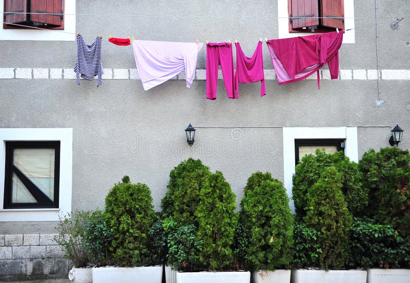 Hanging Linen on Gray Wall Background Stock Image - Image of facade ...