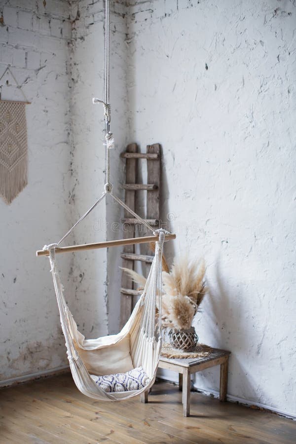 Hanging Macrame Swing on Ropes in Loft Room Stock Photo - Image of ...