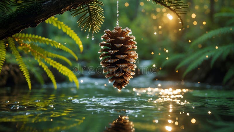Magical Pine Cone Hanging Over Calm Water at Sunset Stock Illustration ...