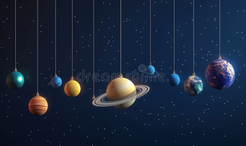 Hanging Planets in Space with Saturn Prominently Displayed and Starry ...