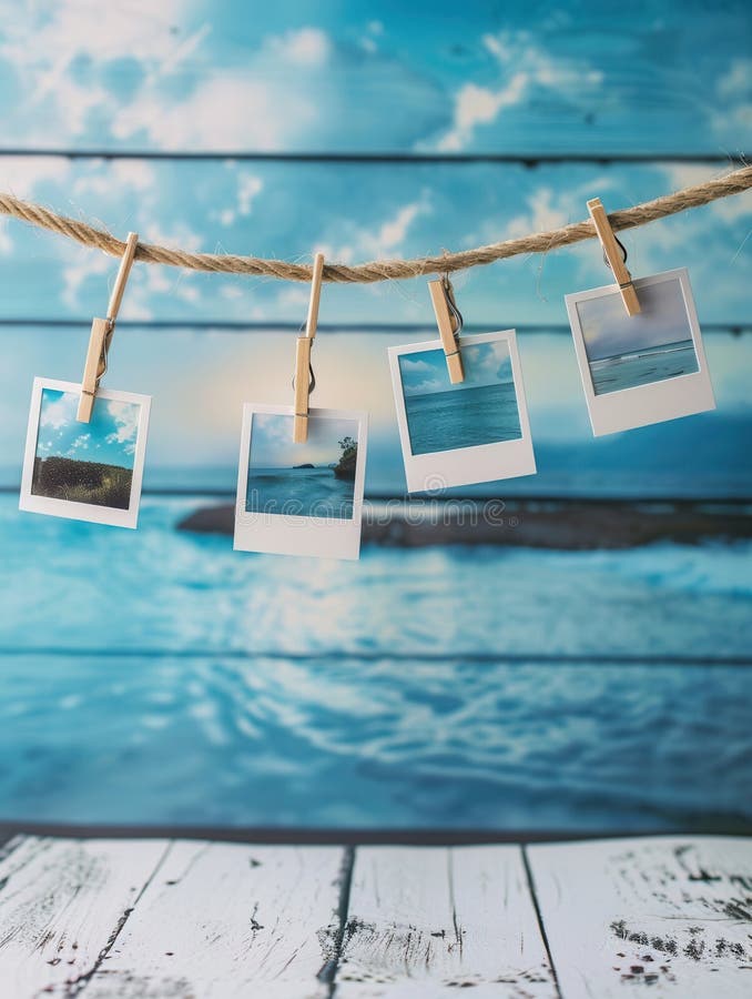 Hanging Polaroid Pictures on a String Against a Serene Beach Backdrop ...