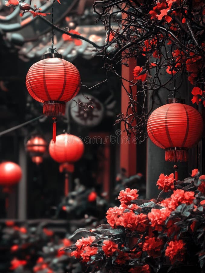 Hanging Red Lanterns Tree stock image. Image of outdoor - 380175191