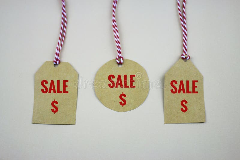 Hanging Sale Tags Labels on White Table. Stock Image - Image of ...