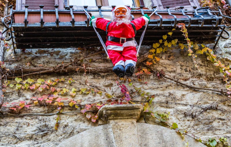 Hanging Santa Claus in the Streets of a Medieval Town Stock Image ...