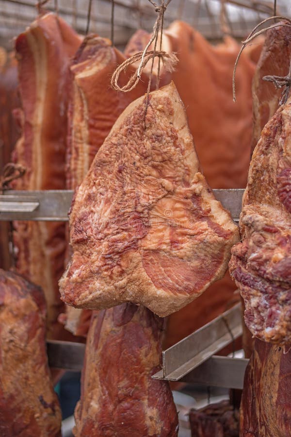 Hanging smoked pork bacon stock photo. Image of meat - 111375508