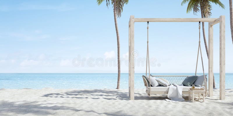 Hanging Sofa on Sand Beach with Palm.Concept for Vacation and ...