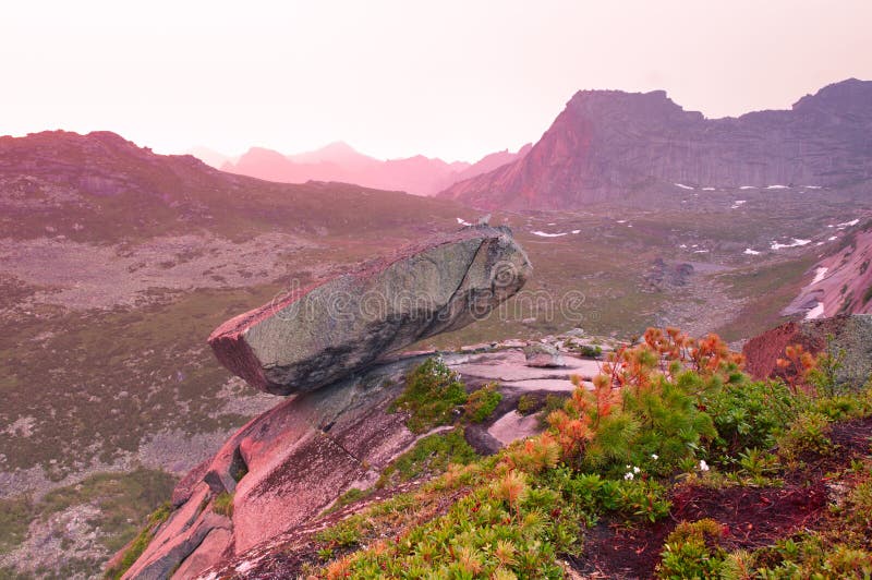 Hanging Stone in Ergaki Ridge Under the Sunset Stock Photo - Image of ...