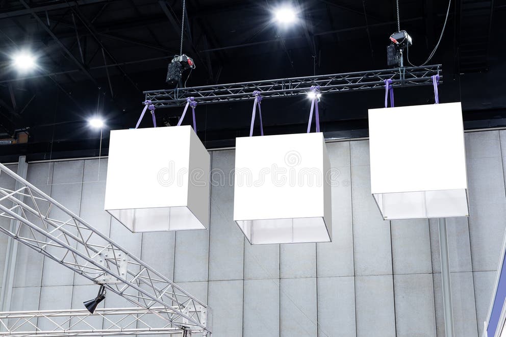 Hanging Three Mock Up White Cube Lightbox Billboard. Clipping Path for Mock Up Stock Image ...