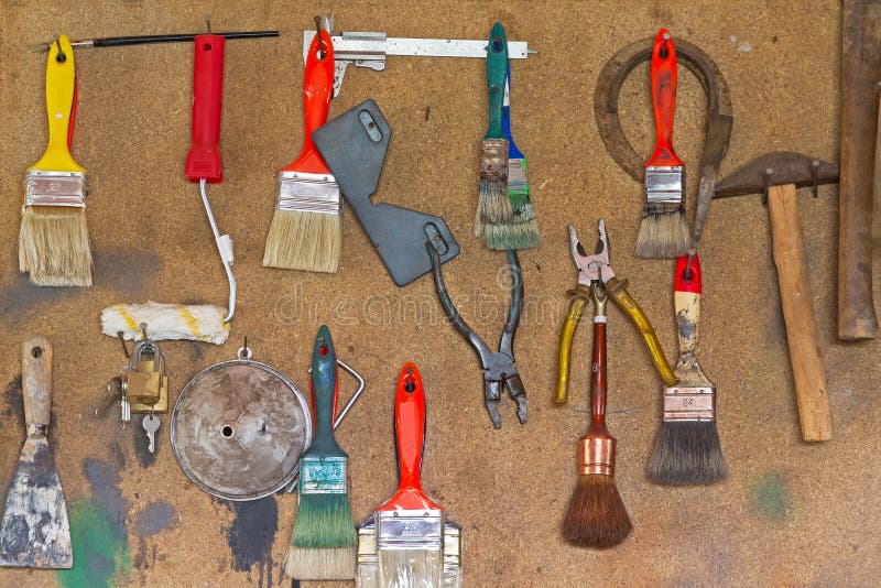 Hanging Tools on Wood Panel Stock Photo - Image of wood, used: 81788530