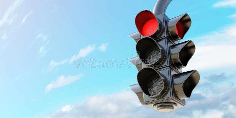 Hanging Traffic Light, Red Stop Signal on Cloudy Sky Background. Space ...