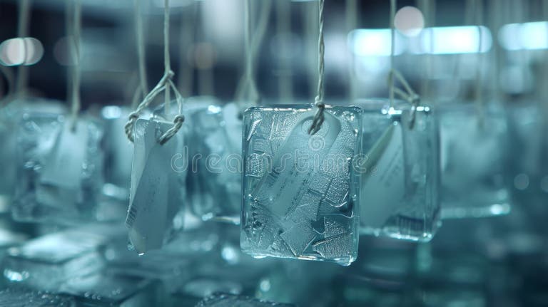 Hanging Translucent Ice Blocks with Embedded Tags Stock Image - Image ...