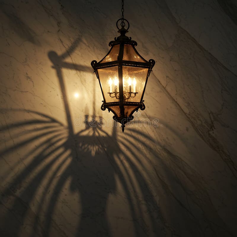 Hanging Vintage Lantern Illuminates Marble Wall Casting Dramatic Shadow ...