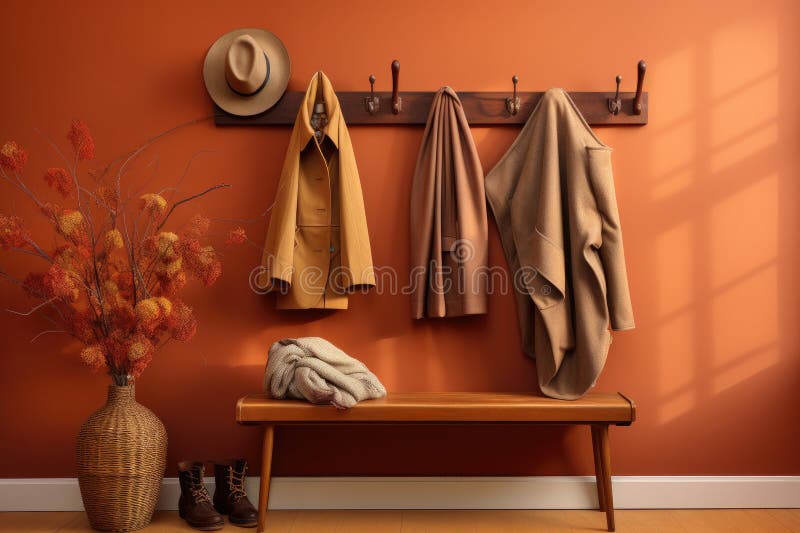 Hanging Wall Rack and Coats on Bench Stock Photo - Image of brick ...