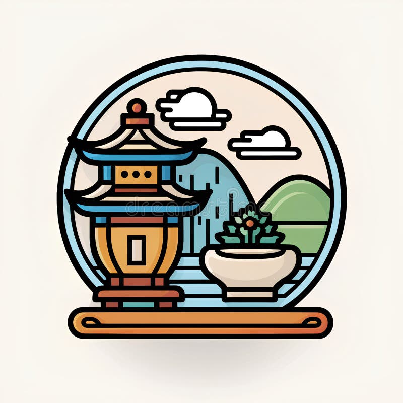 Hangzhou Zen Garden Round Icon, Vector Illustration in Line Style Stock ...