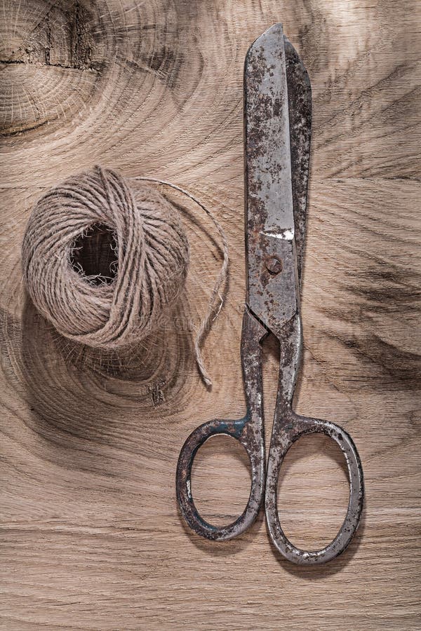 Hank of Rope Vintage Scissors on Wooden Board Stock Image - Image of ...