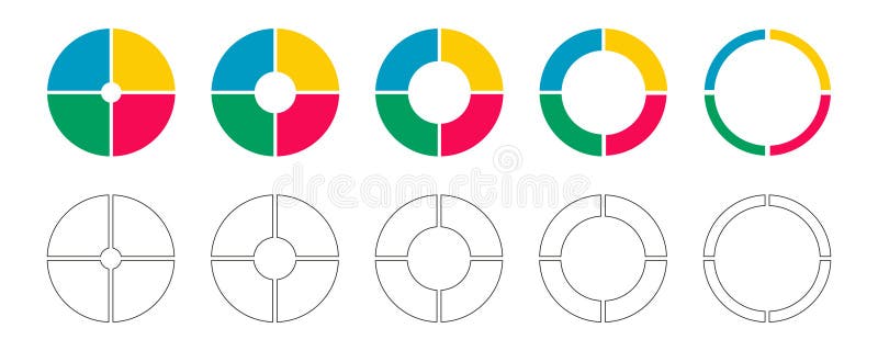 Donut Charts, Pies Segmented on 4 Equal Parts. Infographic Multicolored ...