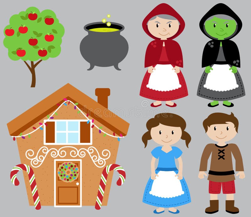 Hansel En Gretel Vector Collection Met Heks Vector Illustratie ...