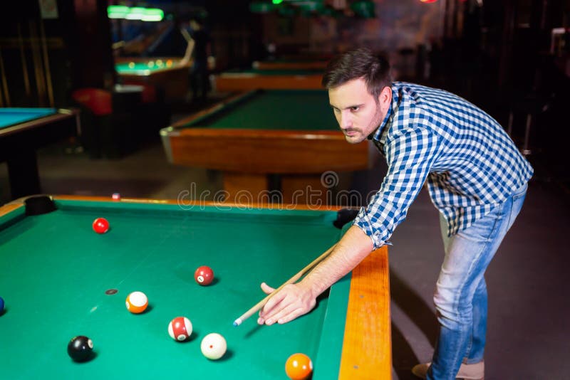 Hansome Man Playing Pool in Bar Alone Stock Image - Image of ...