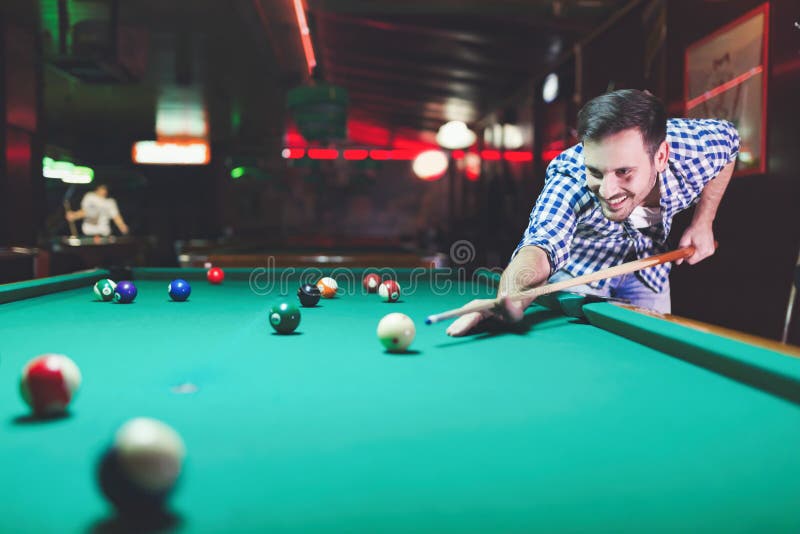 Hansome Man Playing Pool in Bar Alone Stock Photo - Image of ...