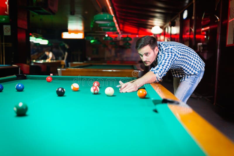 Hansome Man Playing Pool in Bar Alone Stock Photo - Image of ...