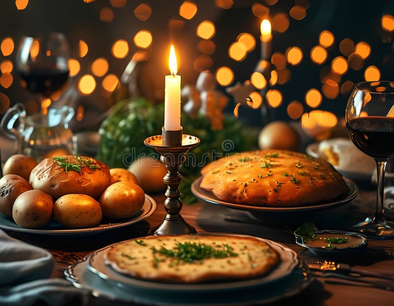 Hanukkah Dinner Table with Lit Menorah and Traditional Dishes Stock ...
