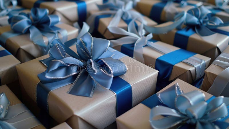 Hanukkah Gift Boxes Wrapped in Blue and Silver Ribbons Stock ...