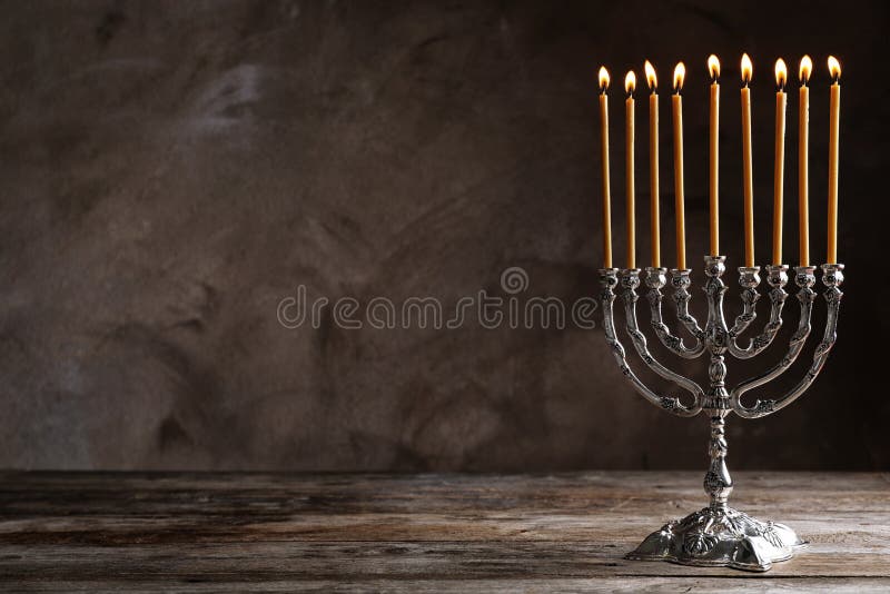 Hanukkah Menorah with Candles on Table Stock Photo - Image of blurred ...