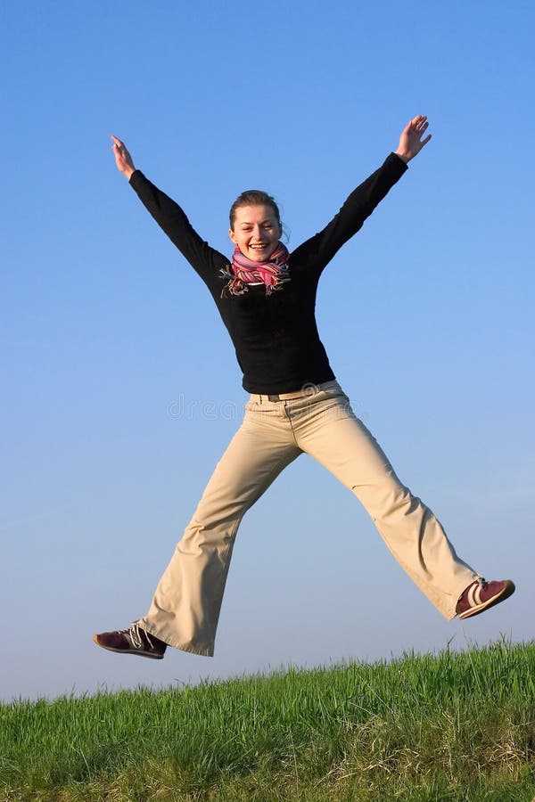 Happily Jumping Fit Attractive Woman Stock Photo - Image of free ...