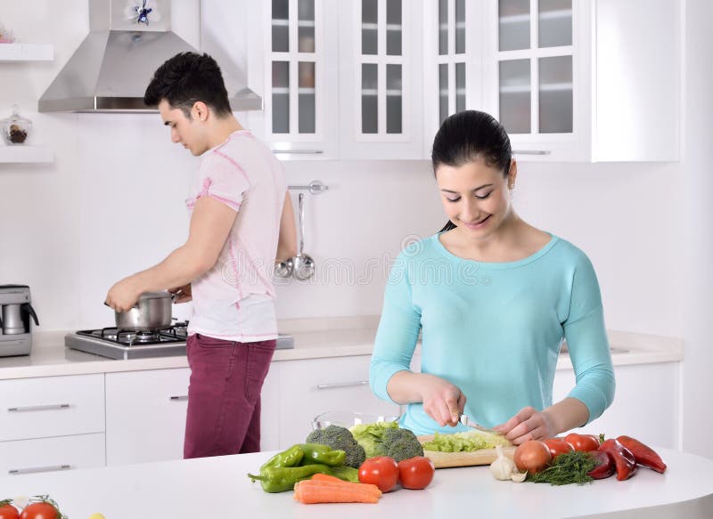 Happiness Couple in the Kitchen Stock Image - Image of garlic, cook ...
