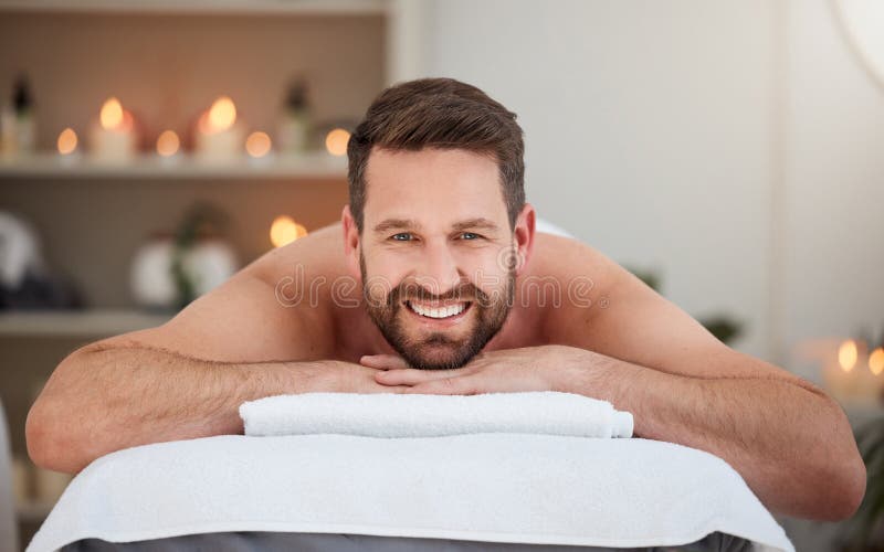Happiness is Massage Day. a Male Relaxing on a Bed in a Spa. Stock ...