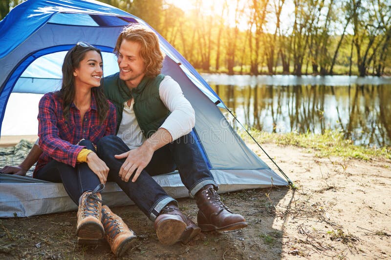 Happiness is only Real when Shared. an Adventurous Couple Out Camping ...