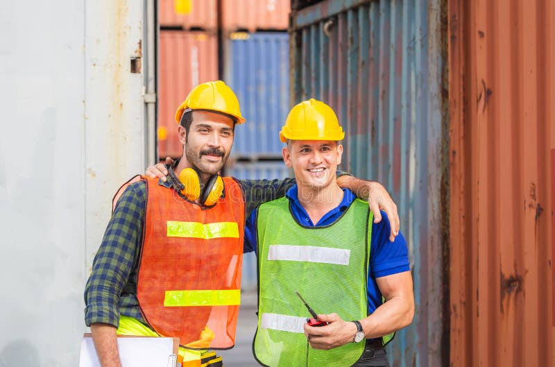 Happiness Engineer and Worker Team Standing at Container Cargo, Success ...