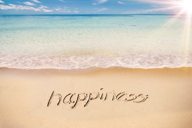 Happiness Words Written on the Sand of the Beach Stock Photo - Image of ...