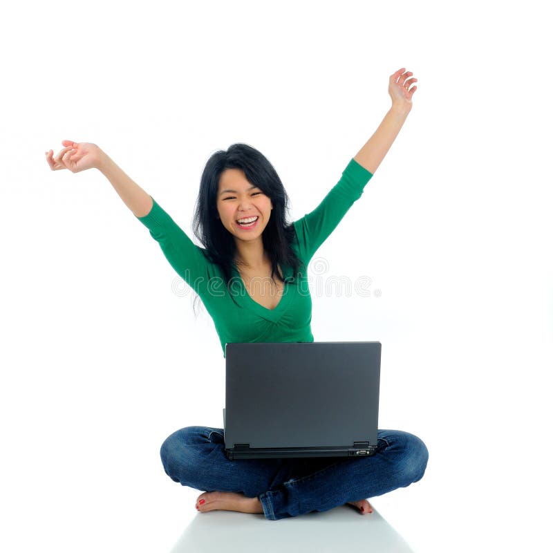 Happy stock image. Image of legged, female, sweater, computer - 18237045