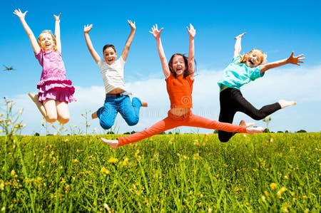 Happy Active Children Jumping Outdoors Stock Image - Image of clear ...