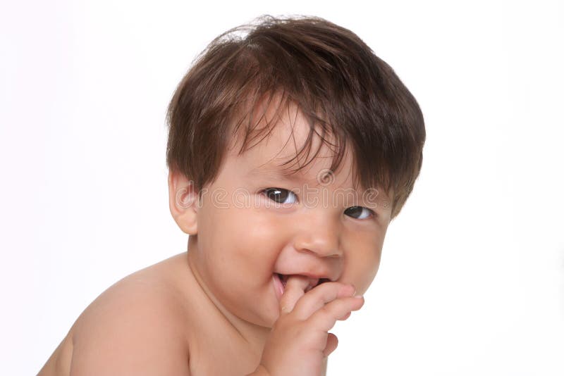 Happy Adorable Expressive Baby on a White Background Stock Image ...