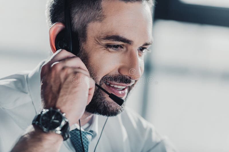 Happy Adult Support Hotline Worker with Microphone Stock Photo - Image ...