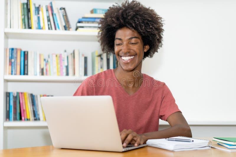 Thinking African American Male Student at Computer Stock Image - Image ...