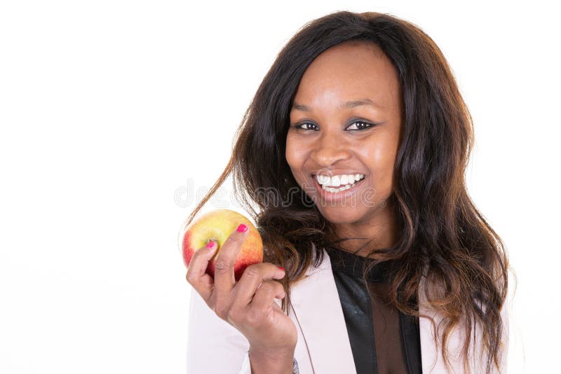 Happy African American Woman with Red Apple Stock Image - Image of ...