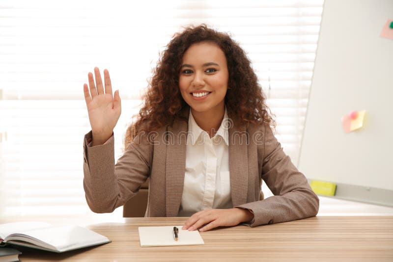 Happy African-American Woman Using Video Chat, View from Web Camera ...