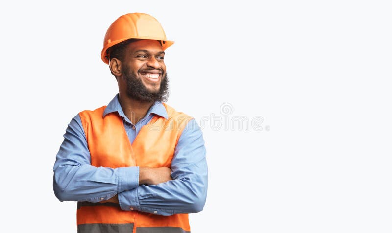 Happy African Builder Standing Pleased Posing on White Studio ...