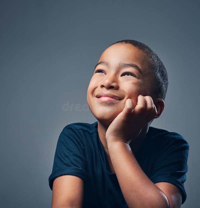 Happy, African Kid or Boy Thinking in Studio for Creative Solution ...