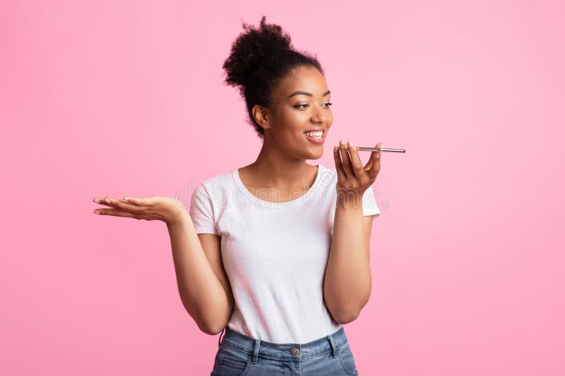 Happy Afro Lady Using Voice Assistant Smartphone Stock Photos - Free ...