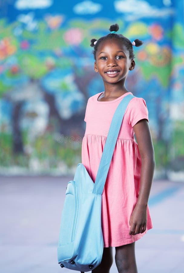 Happy Afroamerican Female Student in Elementary Schoolyard Stock Image ...