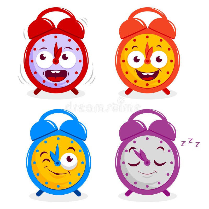 Happy Alarm Clocks. Cartoon Time Clock Characters. Vector Illustration ...