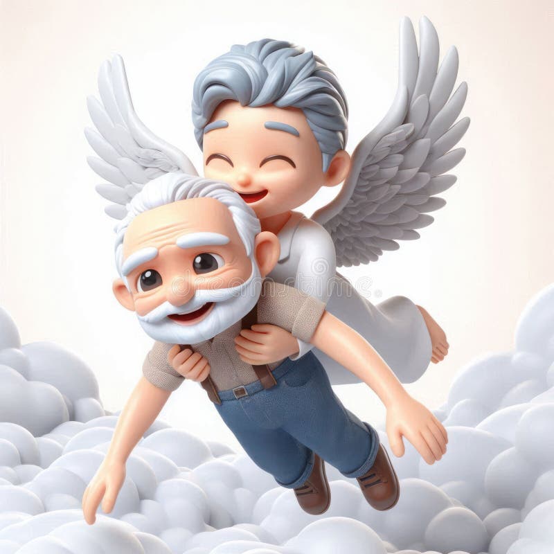 Happy Angel Flying Above the Clouds with an Old Man. Stock Illustration ...