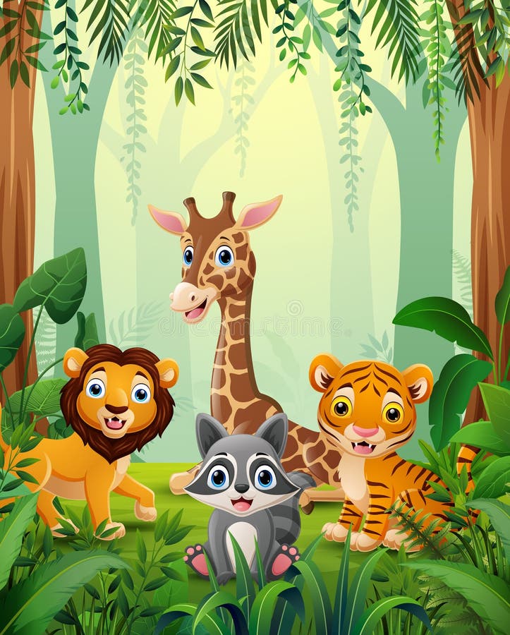 Happy Animals Cartoon in the Jungle Background Stock Illustration ...