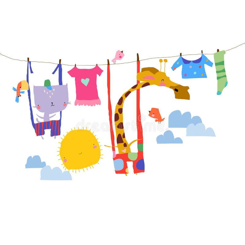 Happy Animals Swinging on Clothesline in the Sky Stock Vector ...