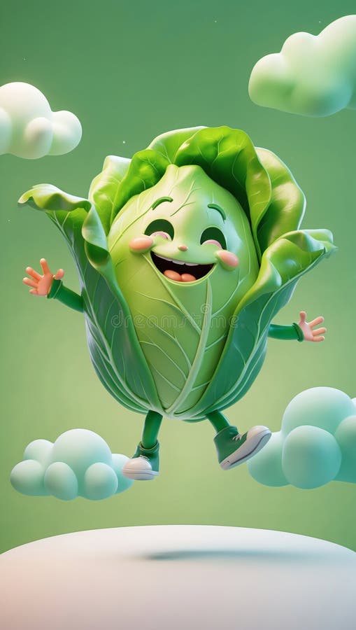 Happy Animated Cabbage Character: a Cheerful 3D Cabbage Character Leaps ...