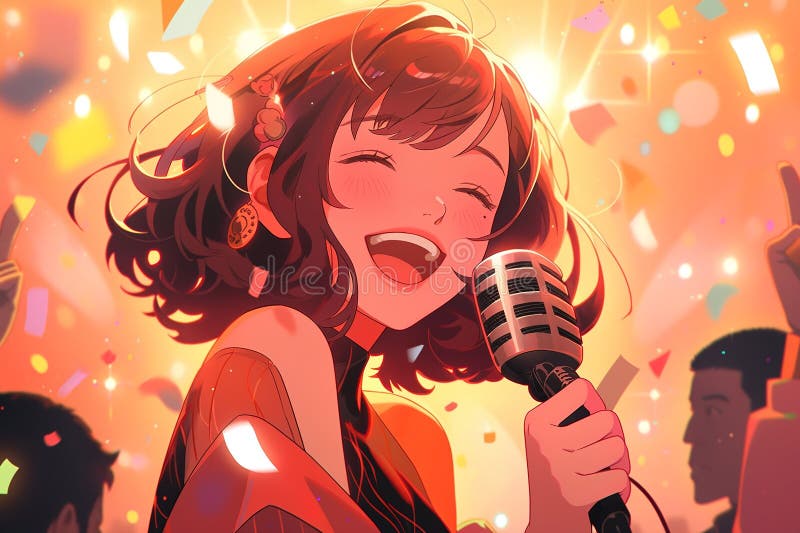 Happy Anime Girl Singing on Stage into a Microphone Stock Illustration ...
